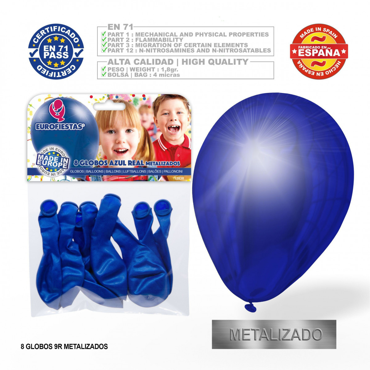 Pack Globo Metalizado Azul Real 9R 8 Unidades
