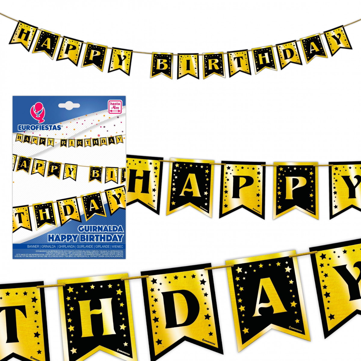 Guirnalda Happy Birthday Banderines Oro Y Negro