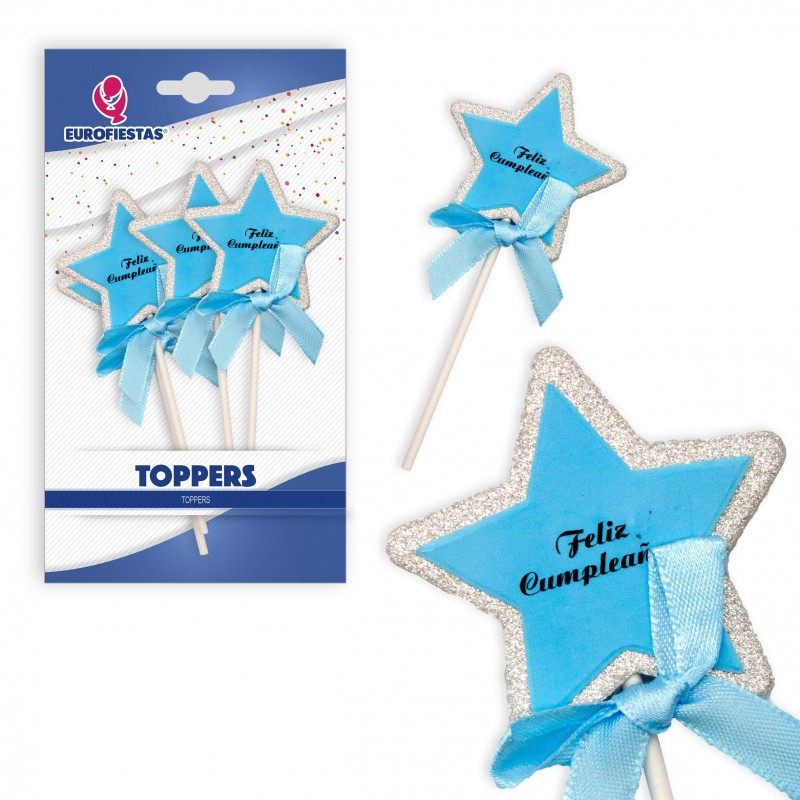 Topper Estrella Feliz Cumple Azul Borde Plata