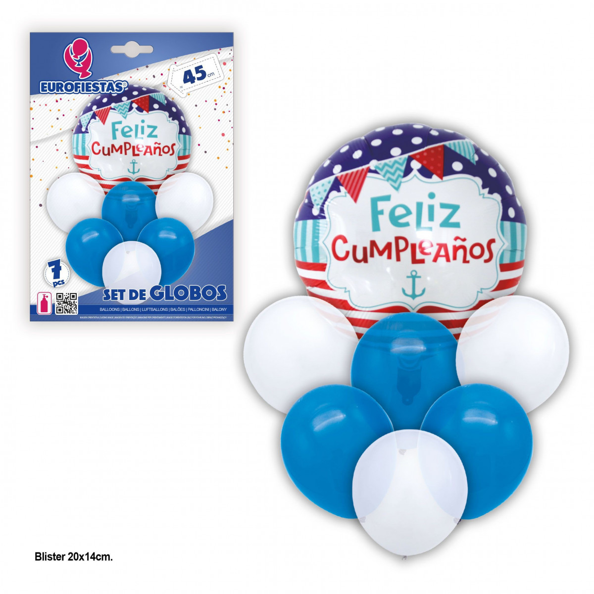 Set Globos Feliz Cumple Azul Y Blanco