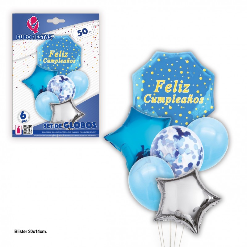 Set Globos Feliz Cumple Hexagono Azul