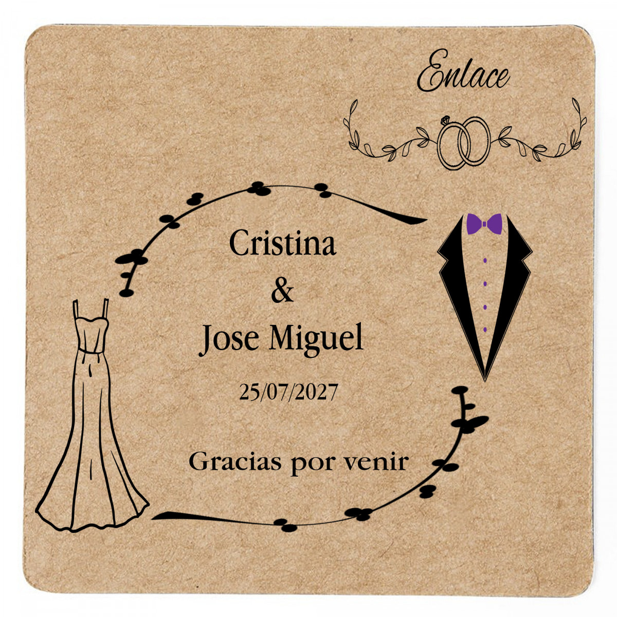 Imán De Cartón Reciclado Personalizado Para Boda Con Nombres Fecha Y Frase De Agradecimiento