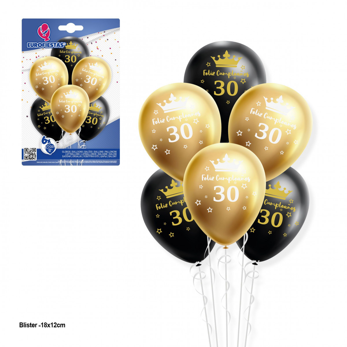 Set Globos 12R 6Pcs Oro Y Negro Feliz Cumpleaños 30