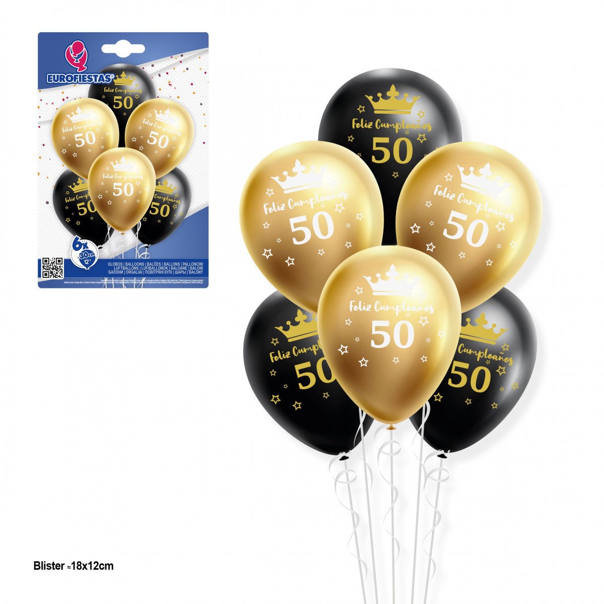 Set Globos 12R 6Pcs Oro Y Negro Feliz Cumpleaños 50