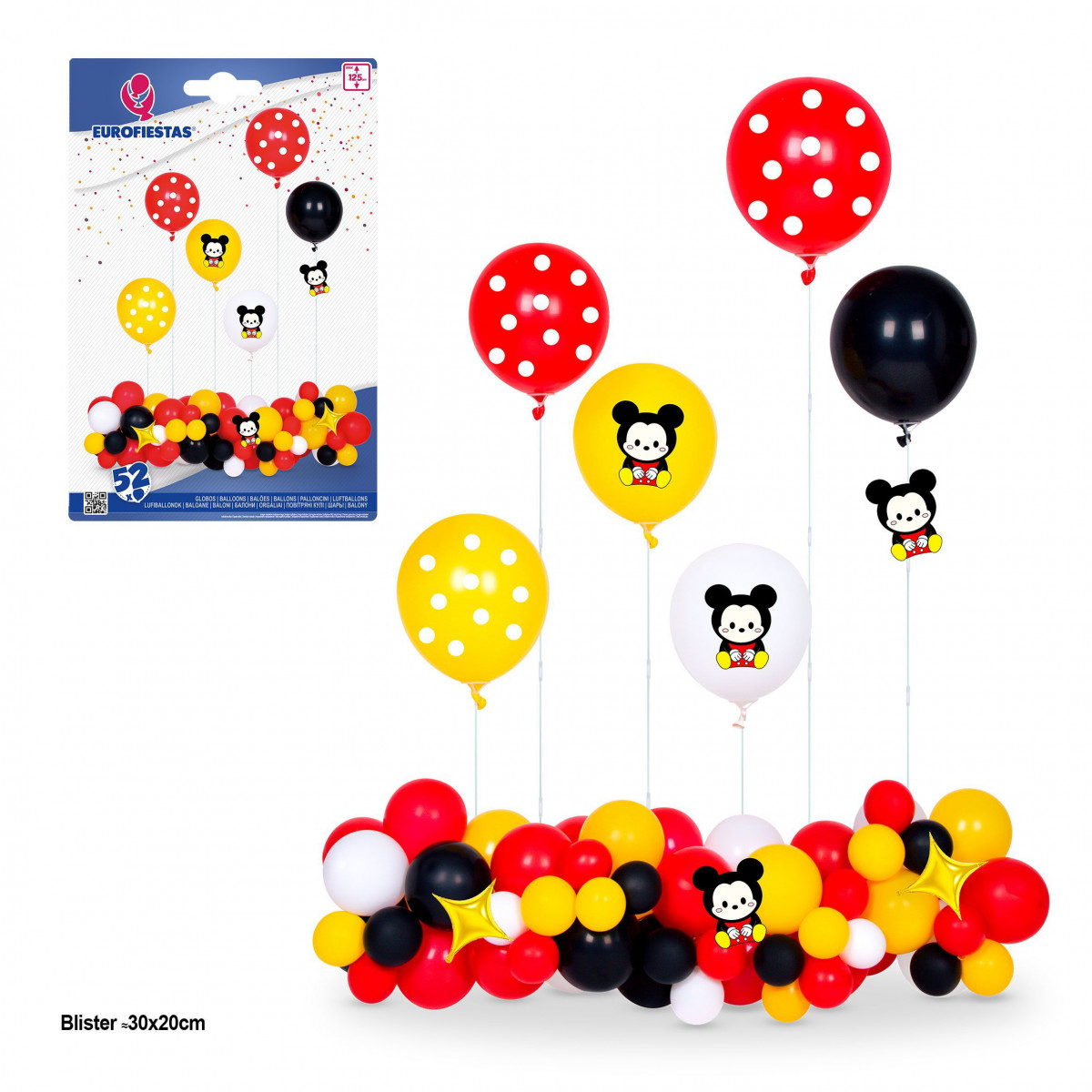 Set 52 Globos Ratoncito Rojo Amarillo Y Negro 6 Soportes Max 125Cm