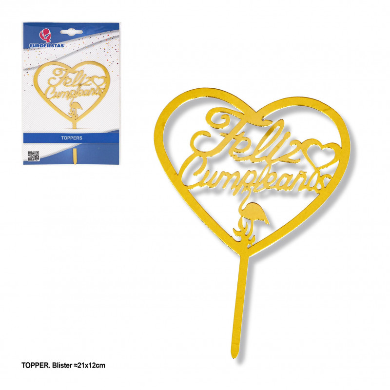 Topper Feliz Cumpleaños Corazon Oro