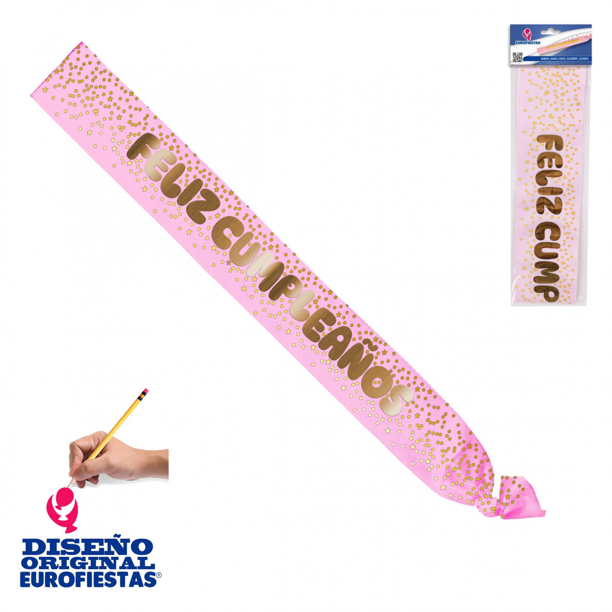 Banda Rosa Feliz Cumpleaños Confeti Oro