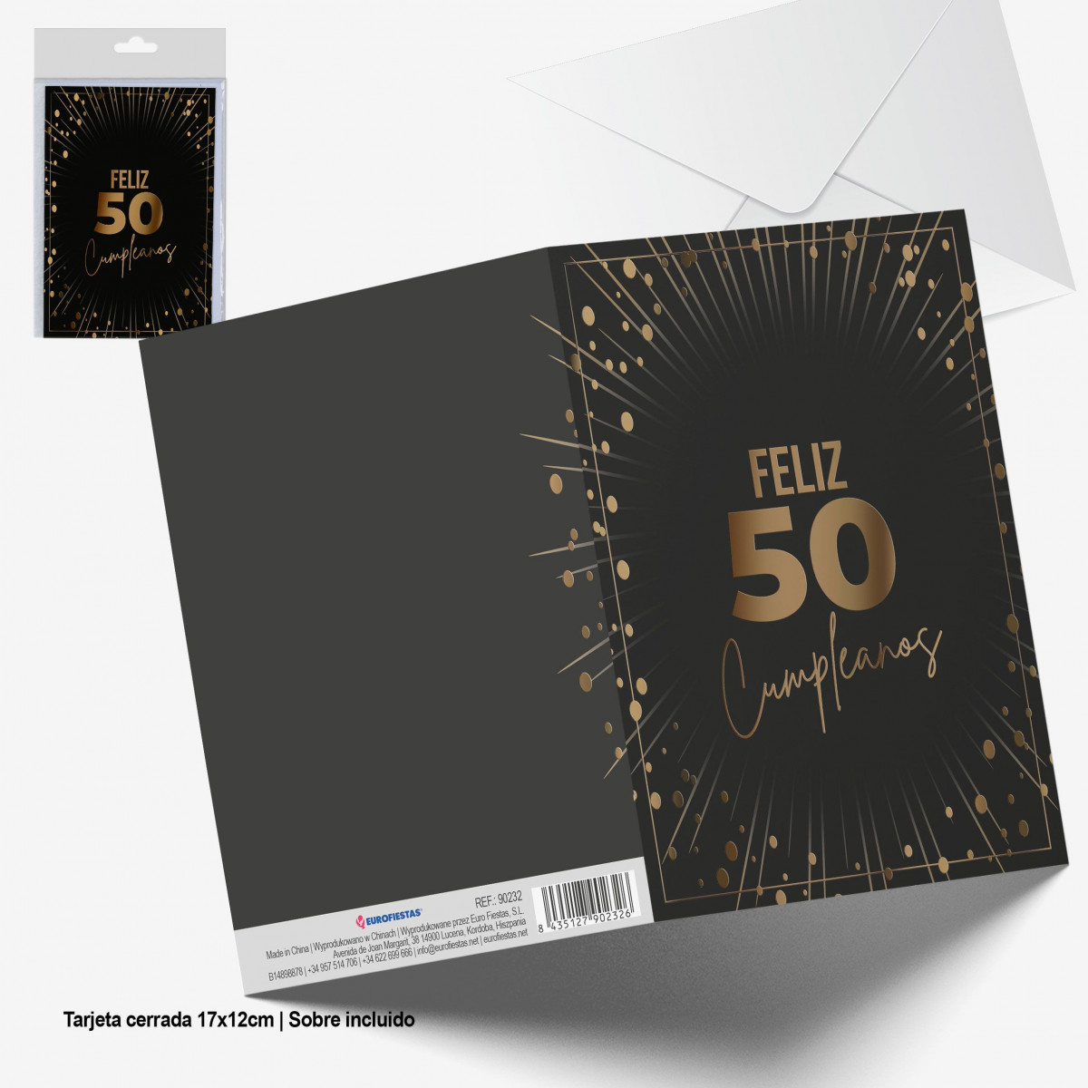 Tarjeta Felicitacion Negra Destellos Oro Feliz Cumpleaños 50