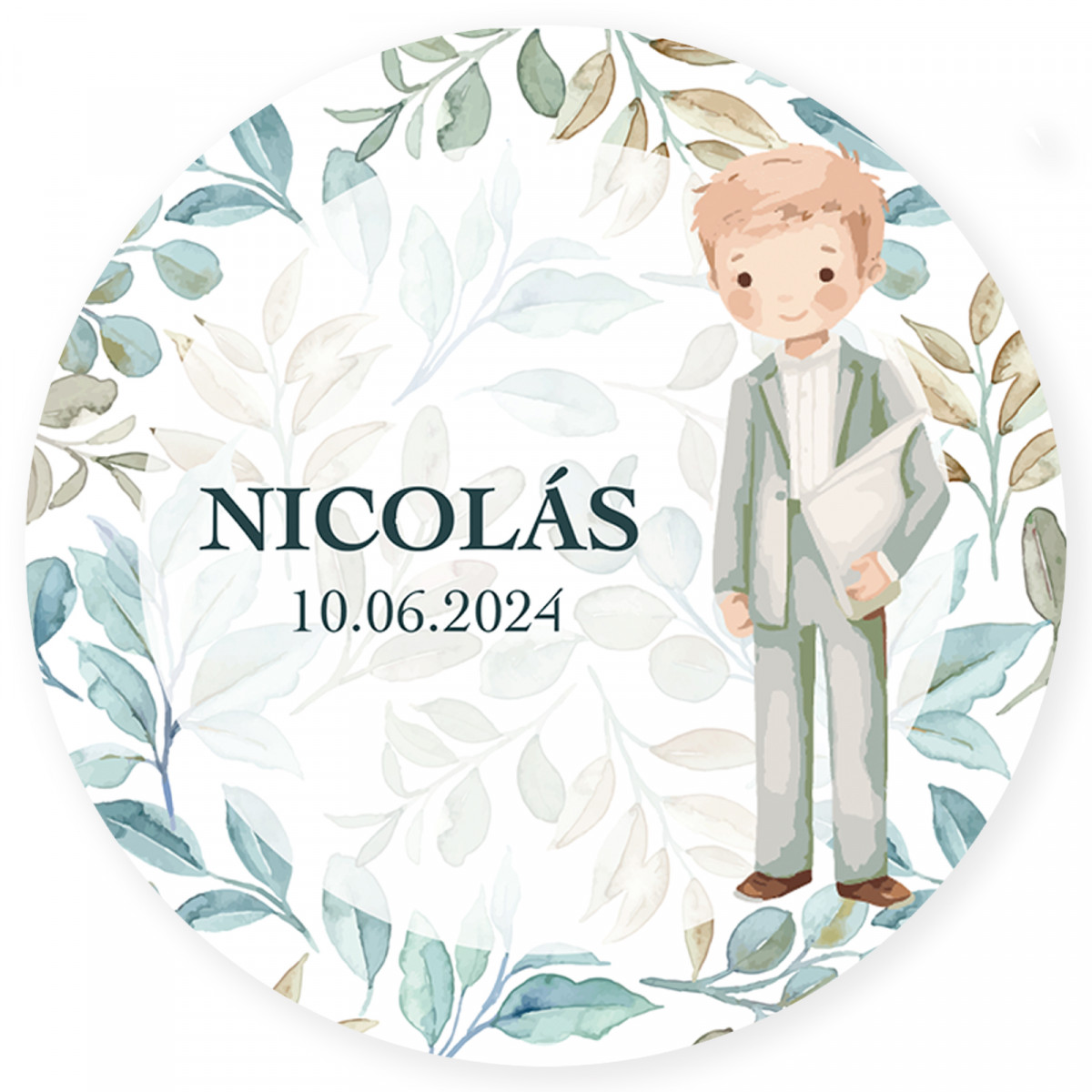 Adhesivo Redondo Personalizado De Primera Comunión Para Niño