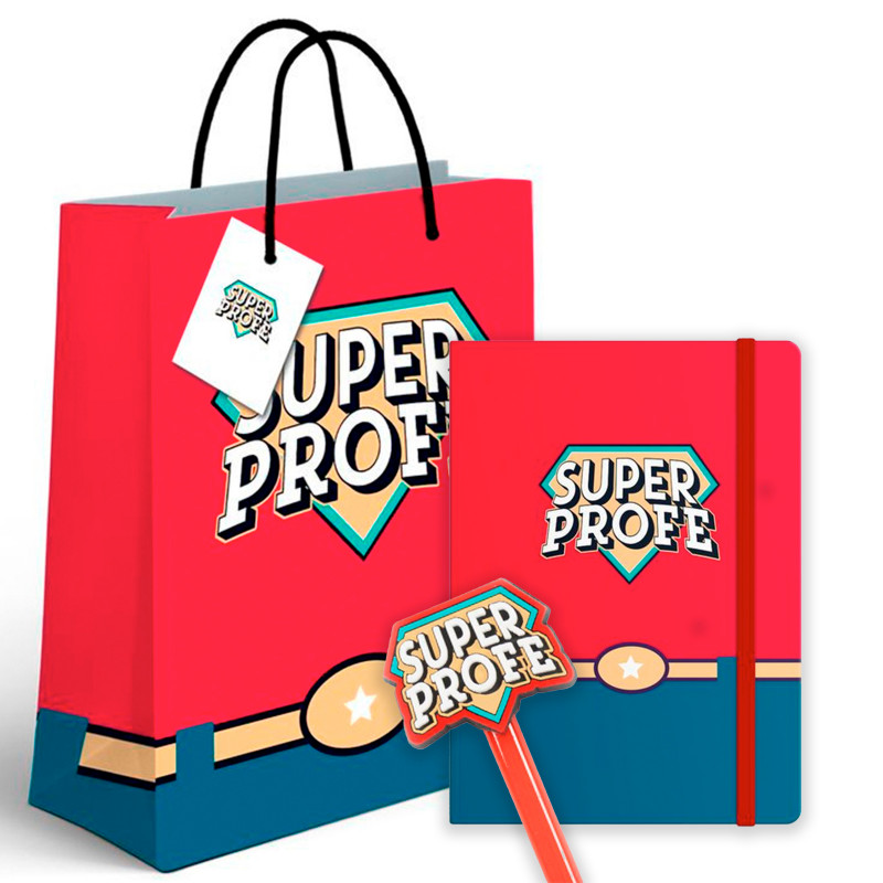 Set Super Profe Con Bolsa Libreta Y Bolígrafo Para Detalles Profesores