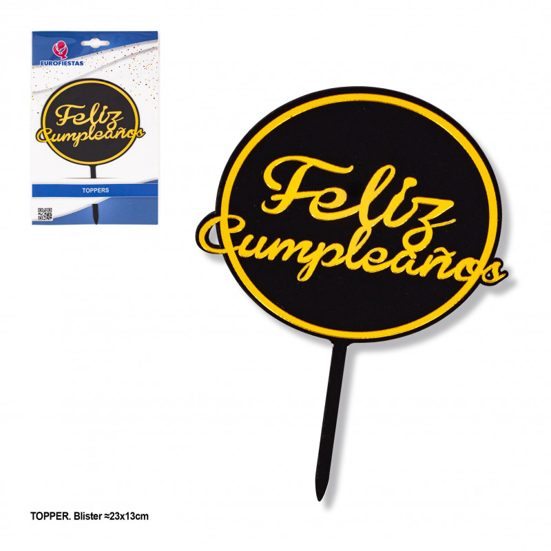Topper De Cumpleaños Redondo Negro Y Dorado