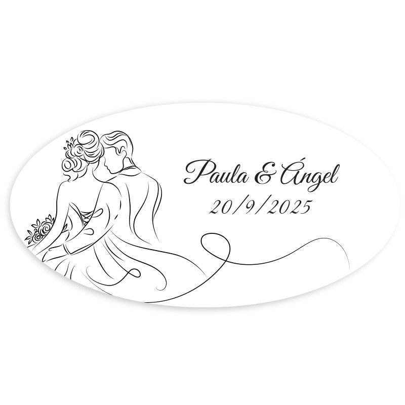 Adhesivo Personalizado Oval Diseño Lineal Novios Para Boda