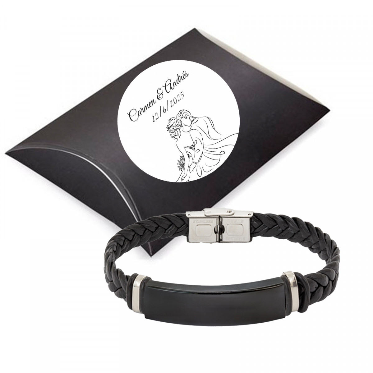 Pulsera Negra De Polipiel Y Acero Para Hombre En Estuche Personalizada ...